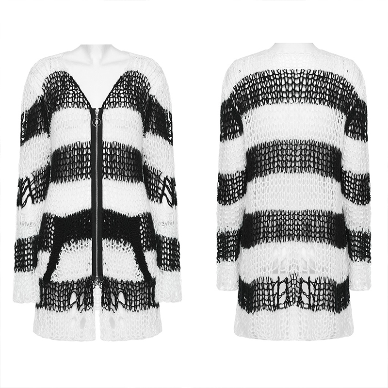Punk Rave Irregular Wool Punk Striped Cardigan Sweater