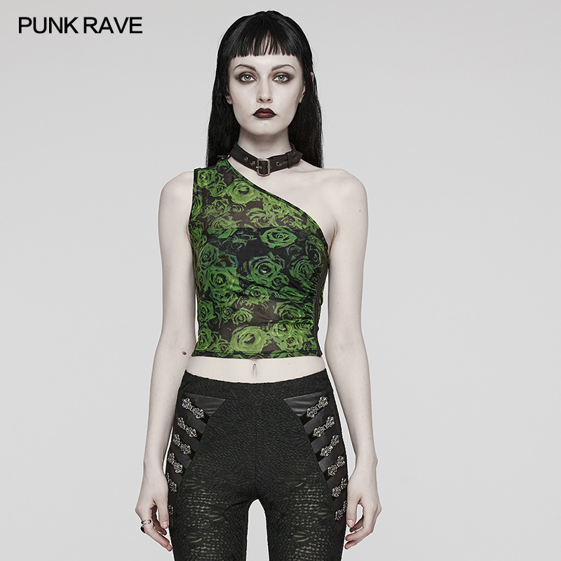 Punk Rave Asymmetric Off Shoulder Design Printed Mesh Fabric And ...