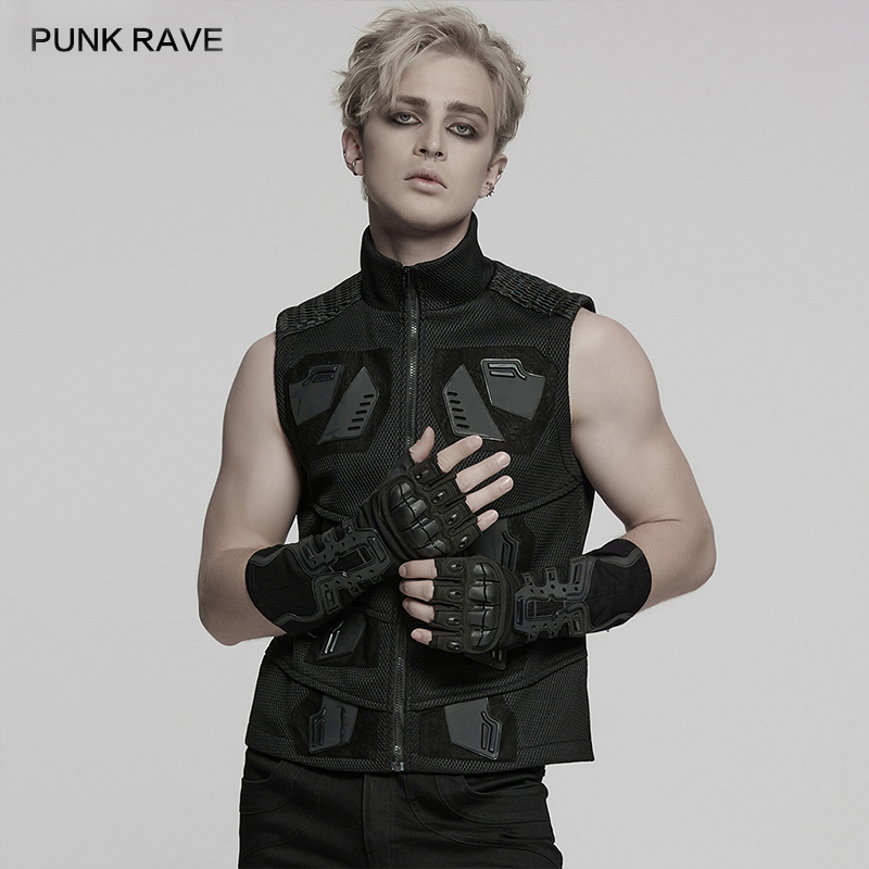 Punk Rave Black Rubber Armor Patches Male Strength Cyberpunk Gloves